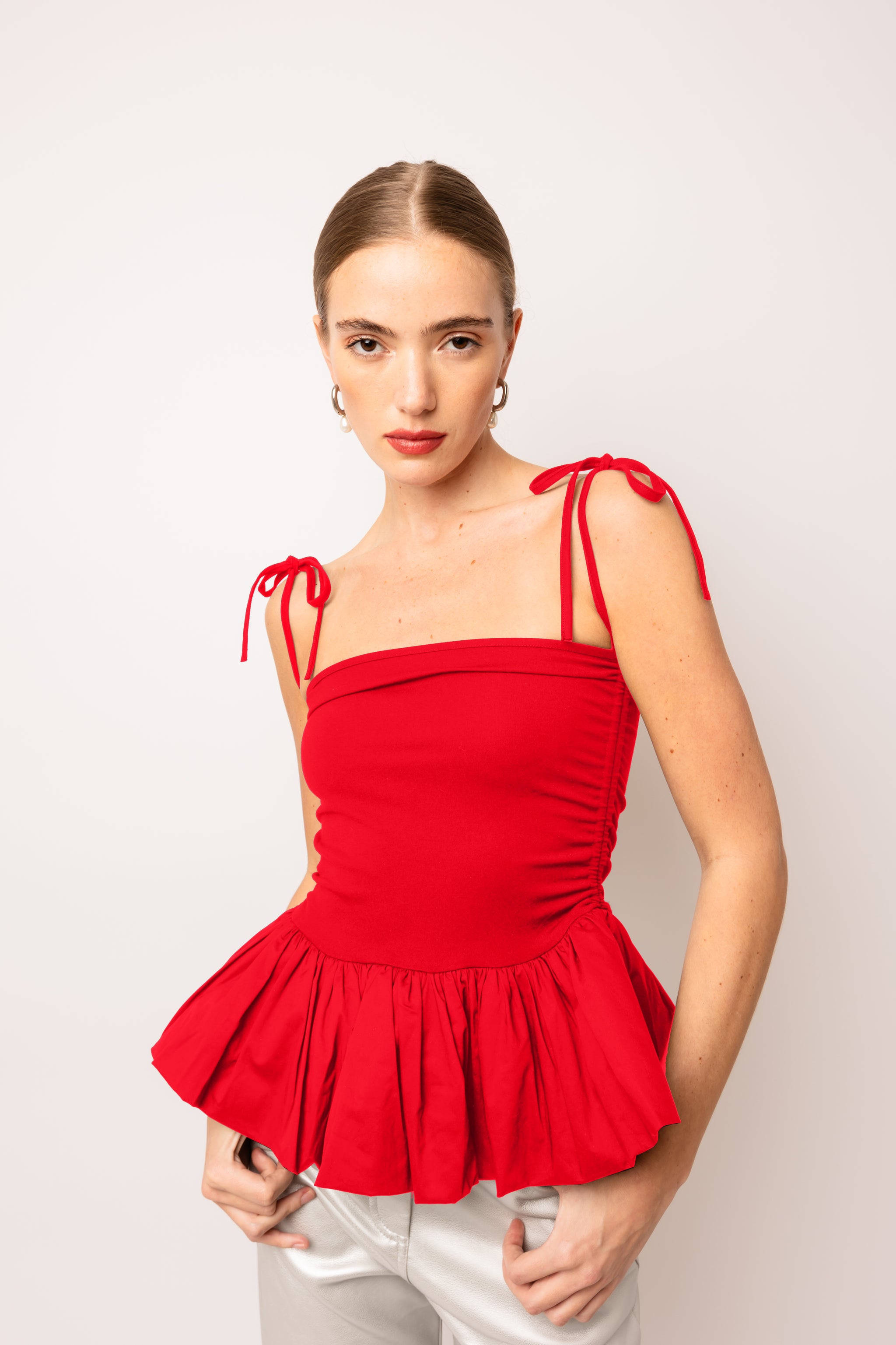 Alexa Pure Cotton Red Ruffle Peplum Puffball Top | AMLYNN