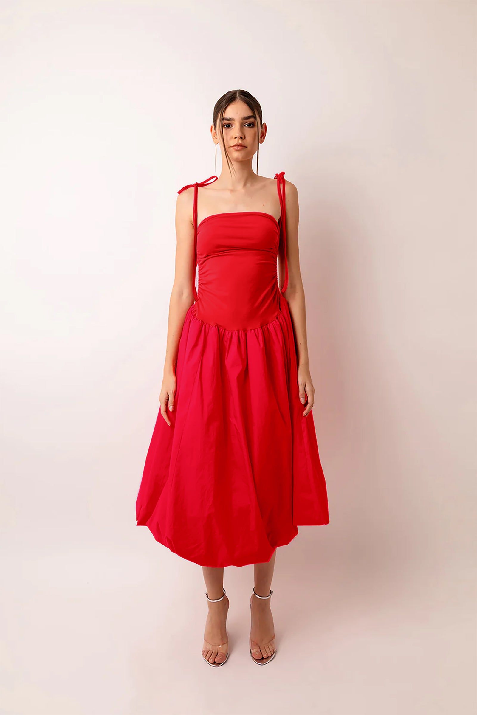 Alexa Cherry Red Puffball Cotton Stretch Midi Dress | AmyLynn