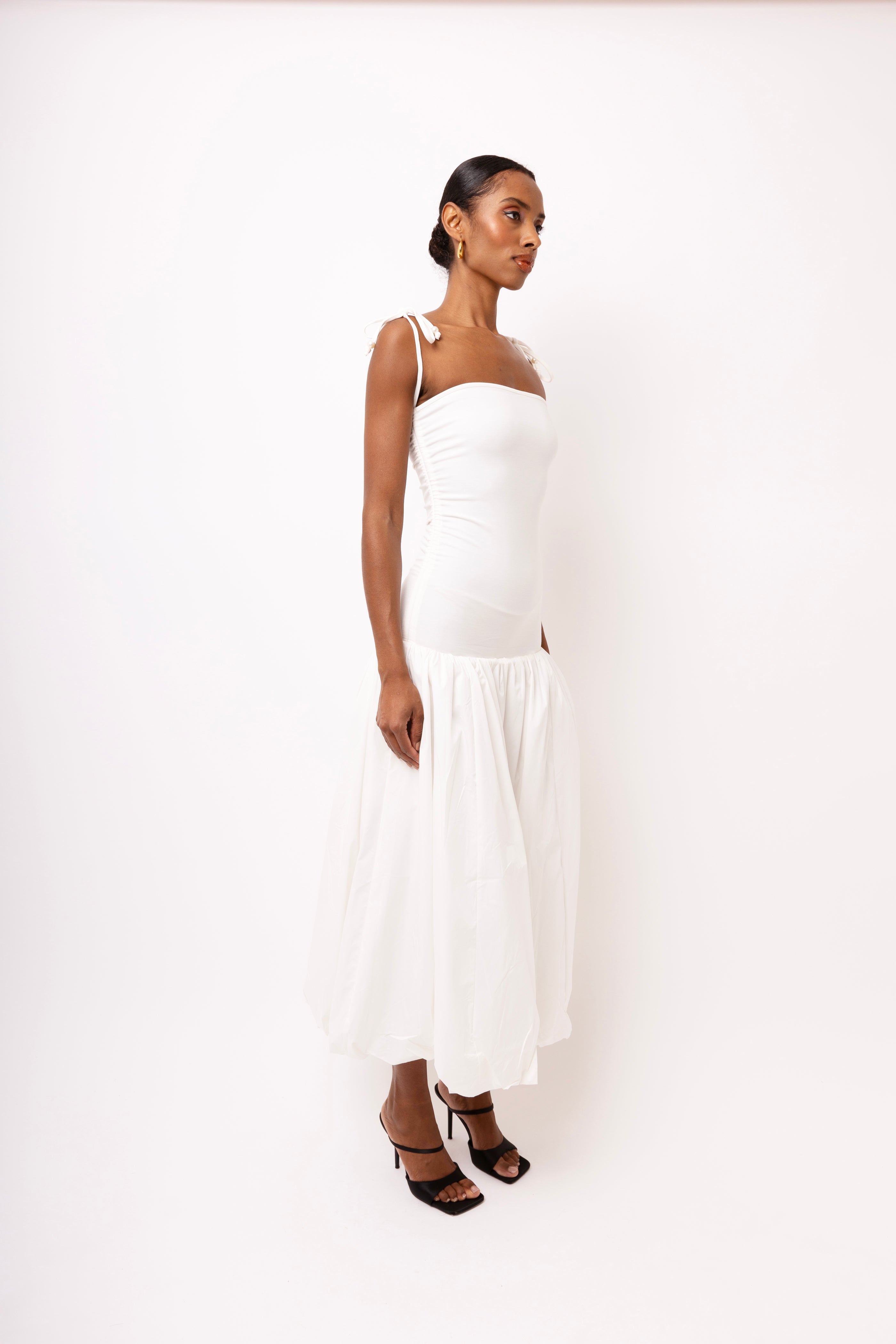 Alexa White Puffball Cotton Stretch Midi Dress | AmyLynn