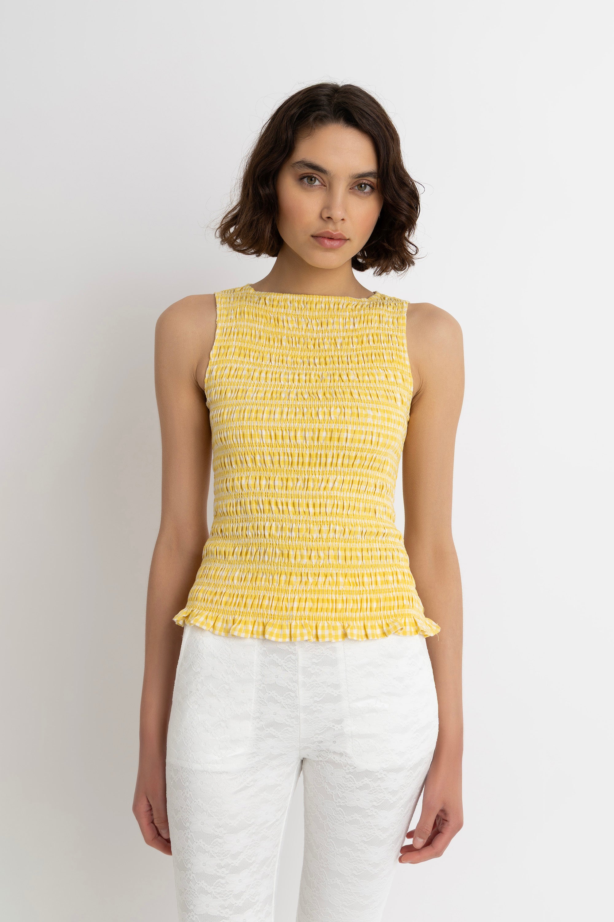Sonya Pure Cotton Lemon Yellow Gingham Top | AMYLYNN
