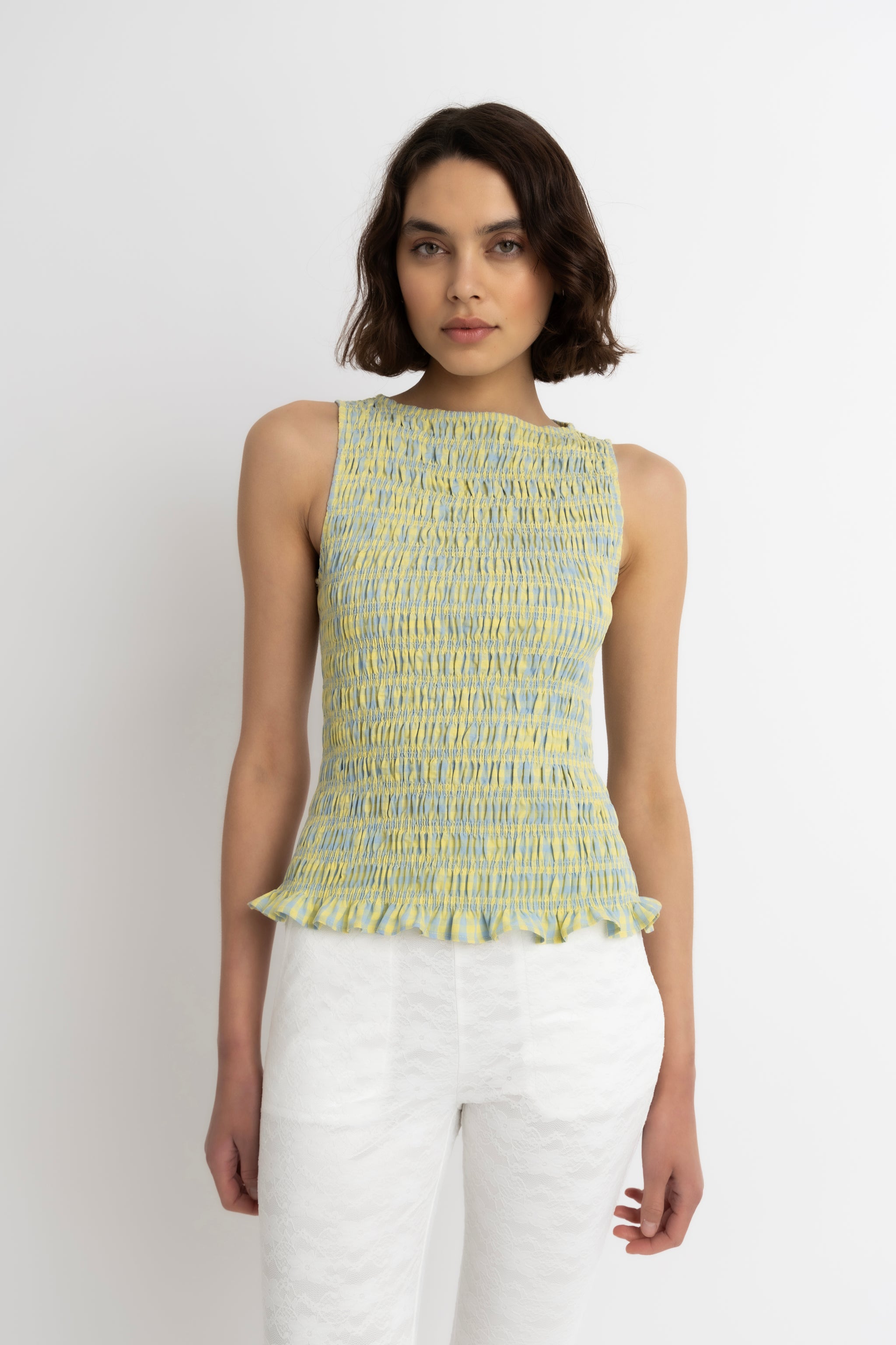 Sonya Yellow and Blue Gingham Shirred Peplum Top - Sleeveless Summer ...
