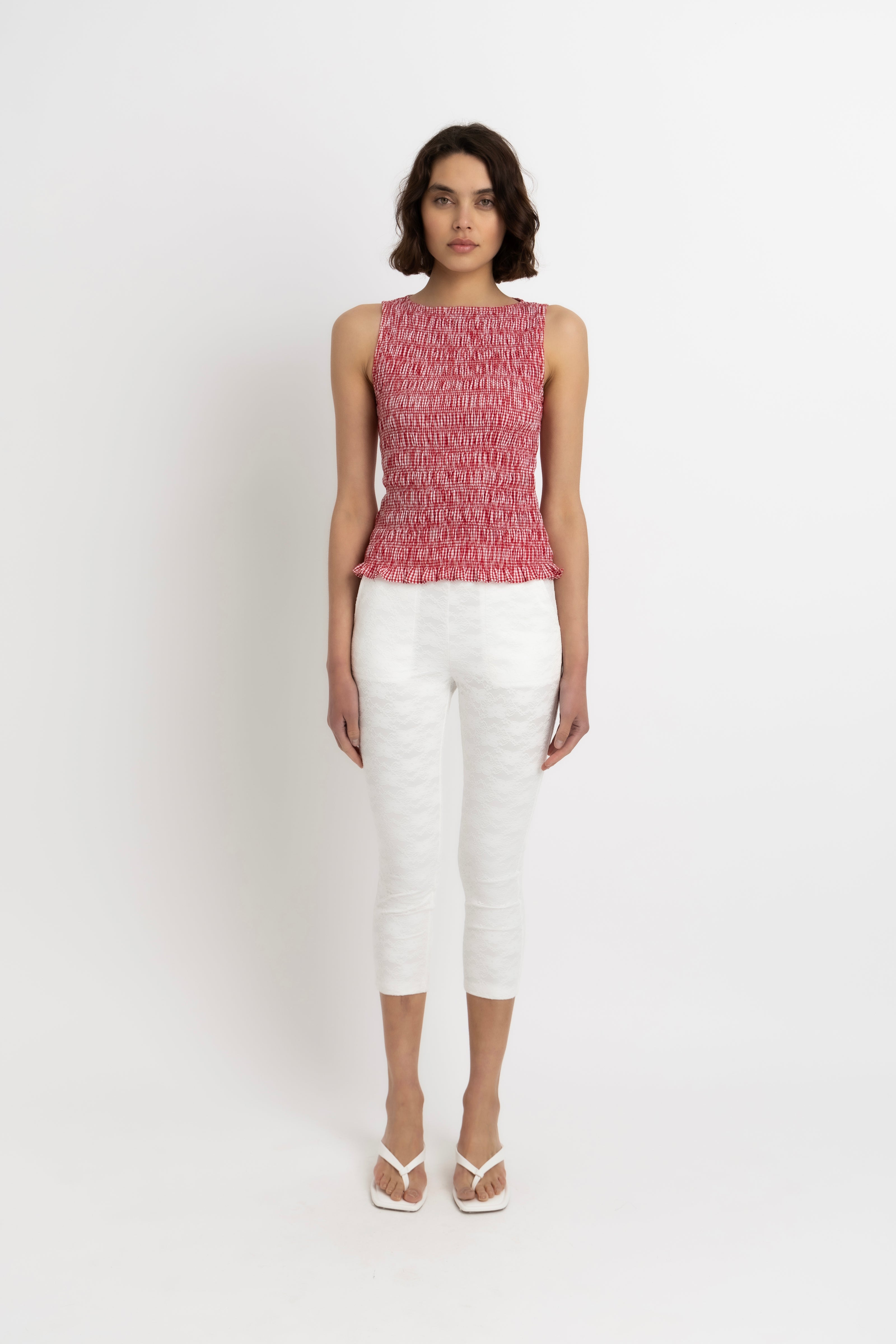 Sonya Red Gingham Top | High Neck Sleeveless Pure Cotton Shirred Top ...