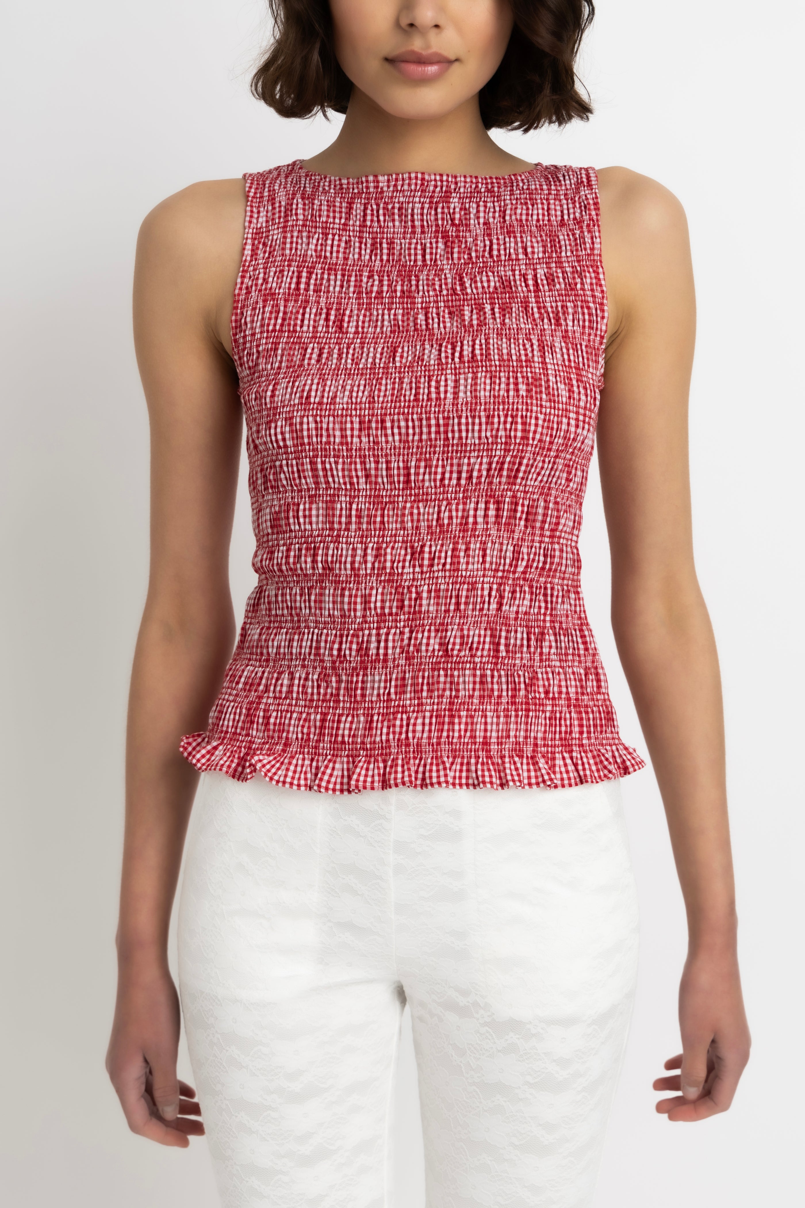 Sonya Red Gingham Top | High Neck Sleeveless Pure Cotton Shirred Top ...
