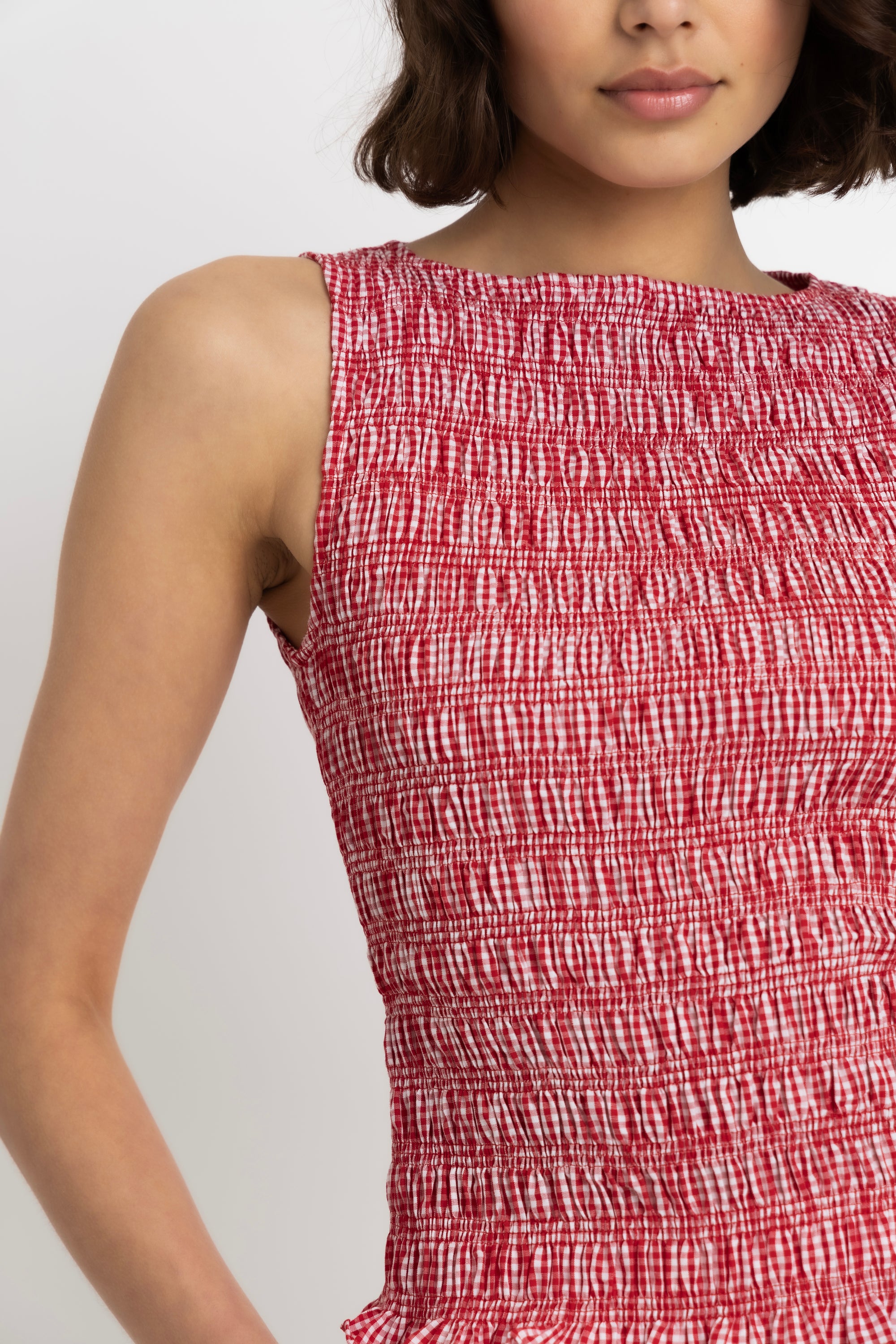 Sonya Red Gingham Top | High Neck Sleeveless Pure Cotton Shirred Top ...