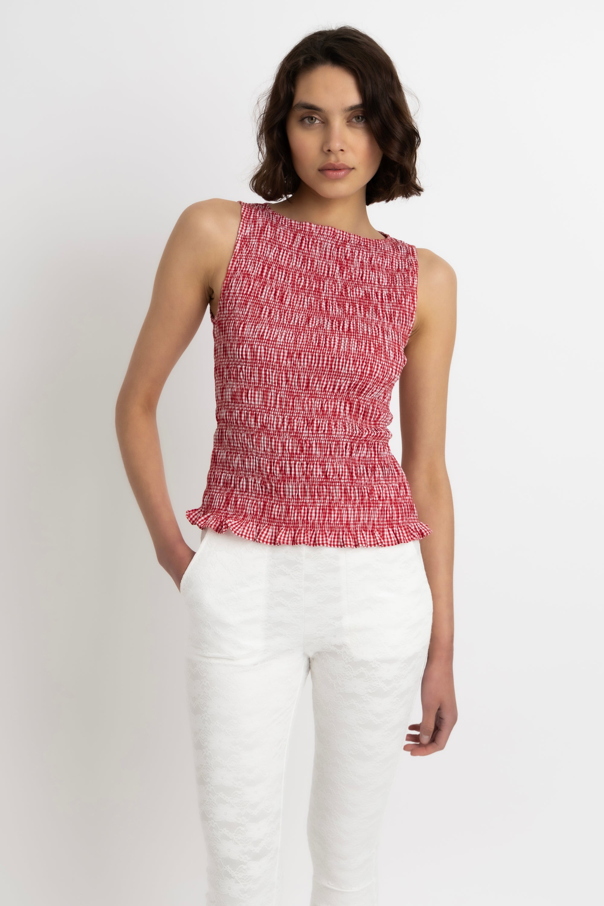 Sonya Red Gingham Top | High Neck Sleeveless Pure Cotton Shirred Top ...