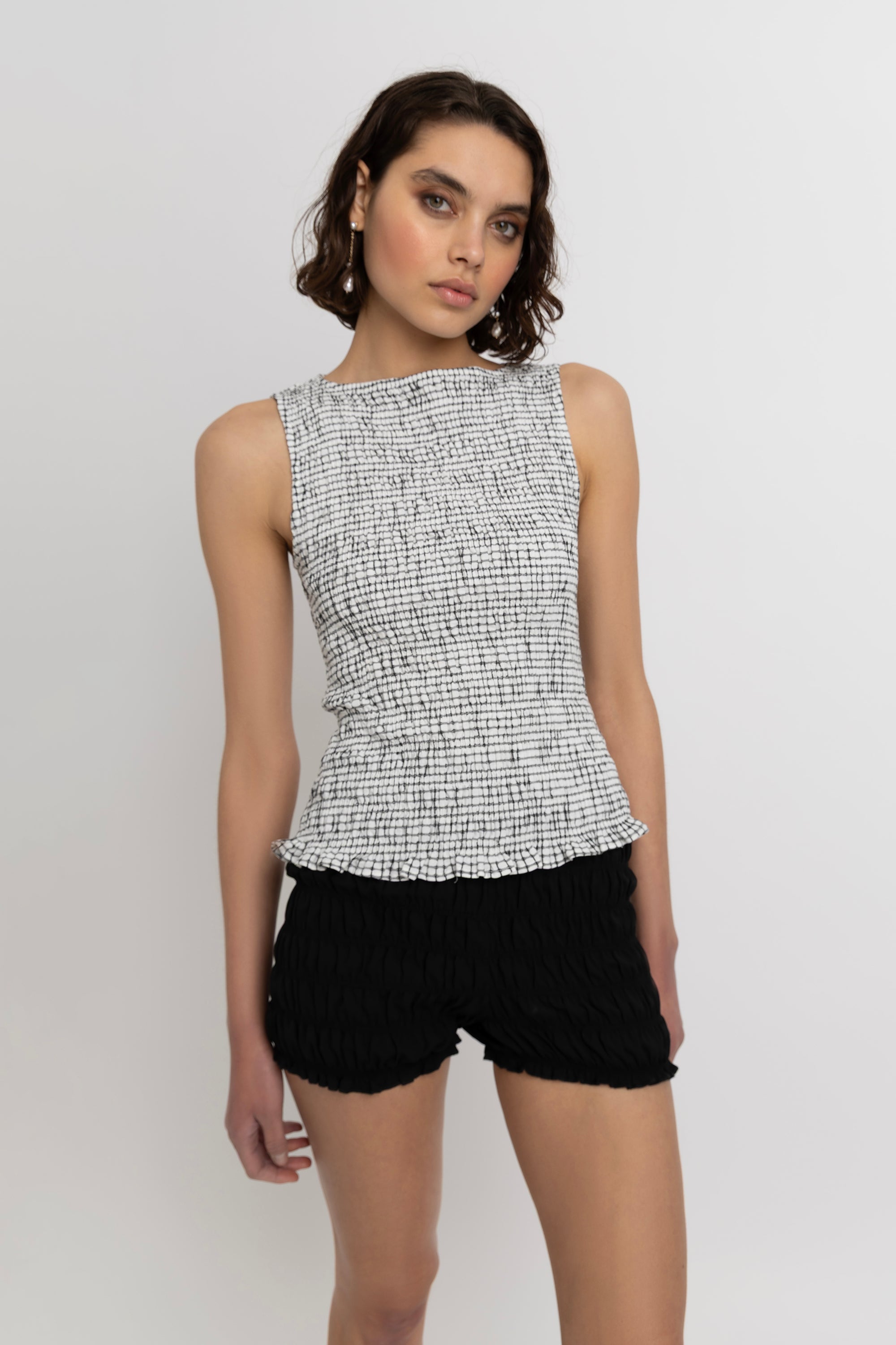 Sonya Sleeveless White and Black Textured Shirred Top | AMYLYNN