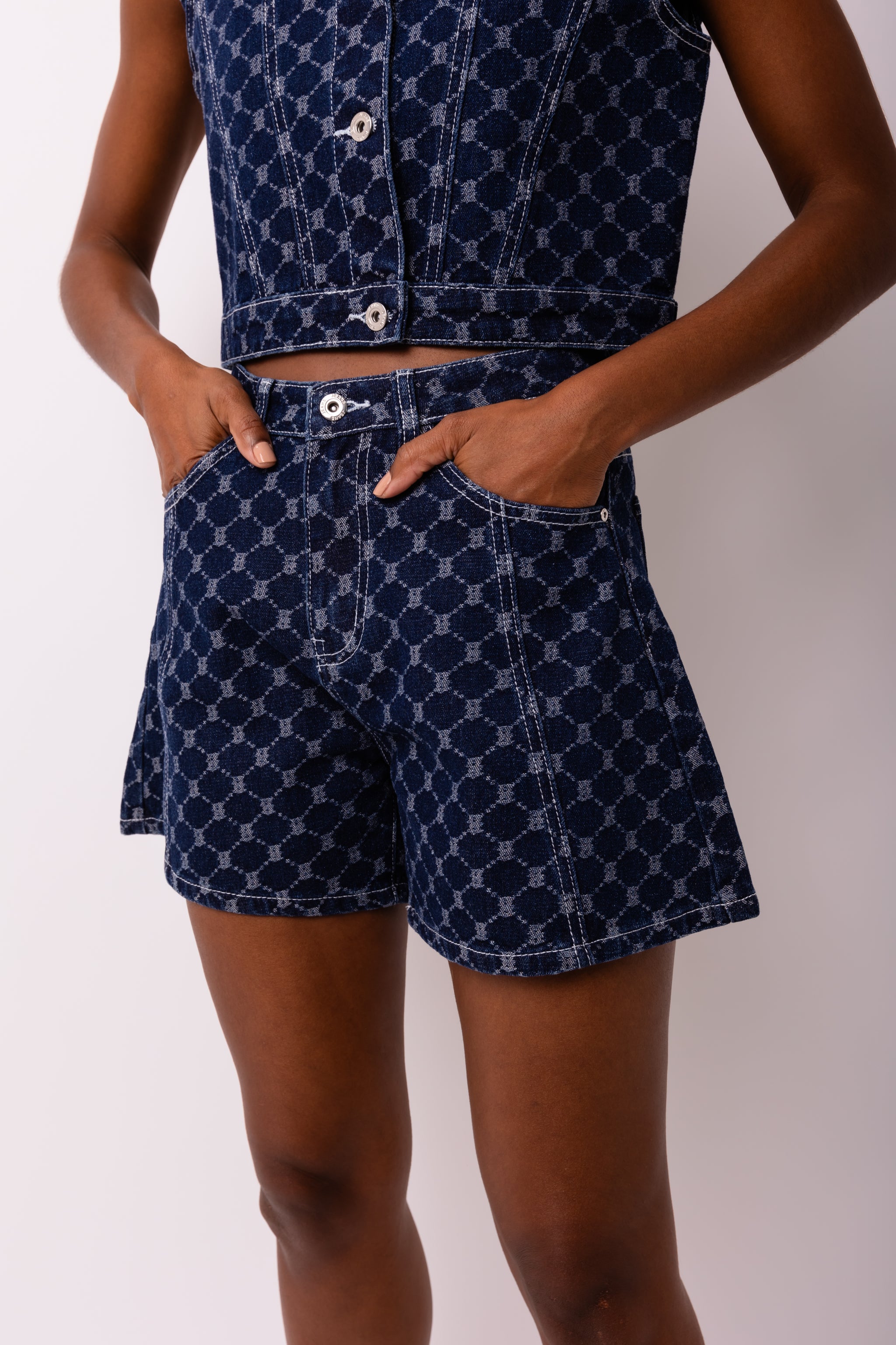 Goldie Denim Diamond Pattern Jort Shorts | AMYLYNN