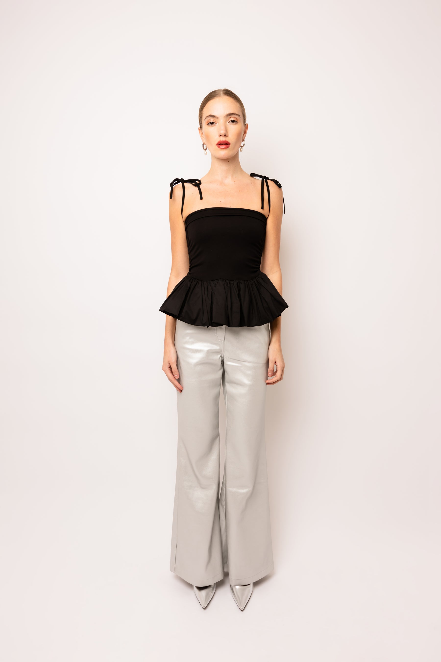 Alexa Black Puffball Ruffle Top | AMYLYNN