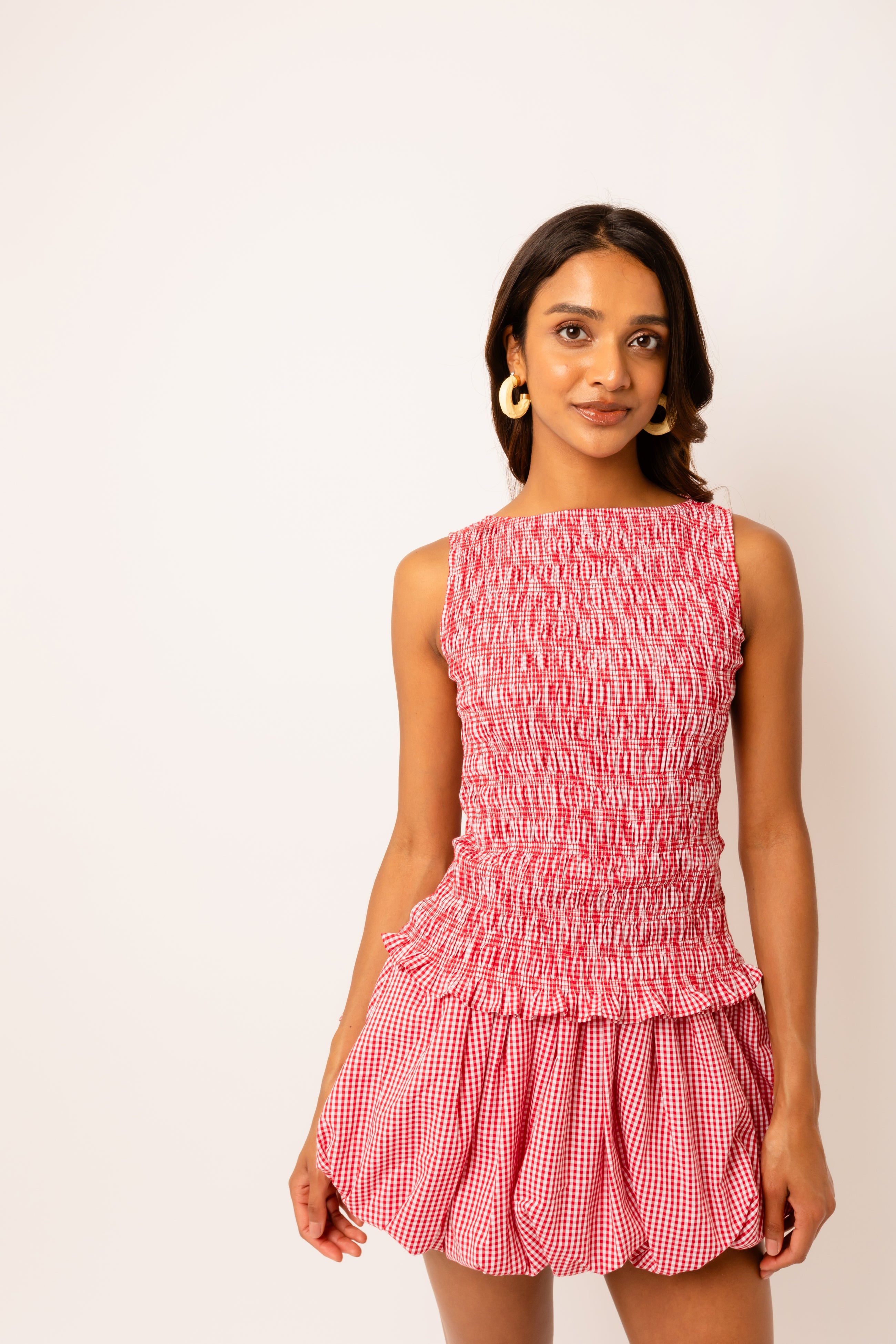 Sonya Red Shirred Gingham Top | AMYLYNN