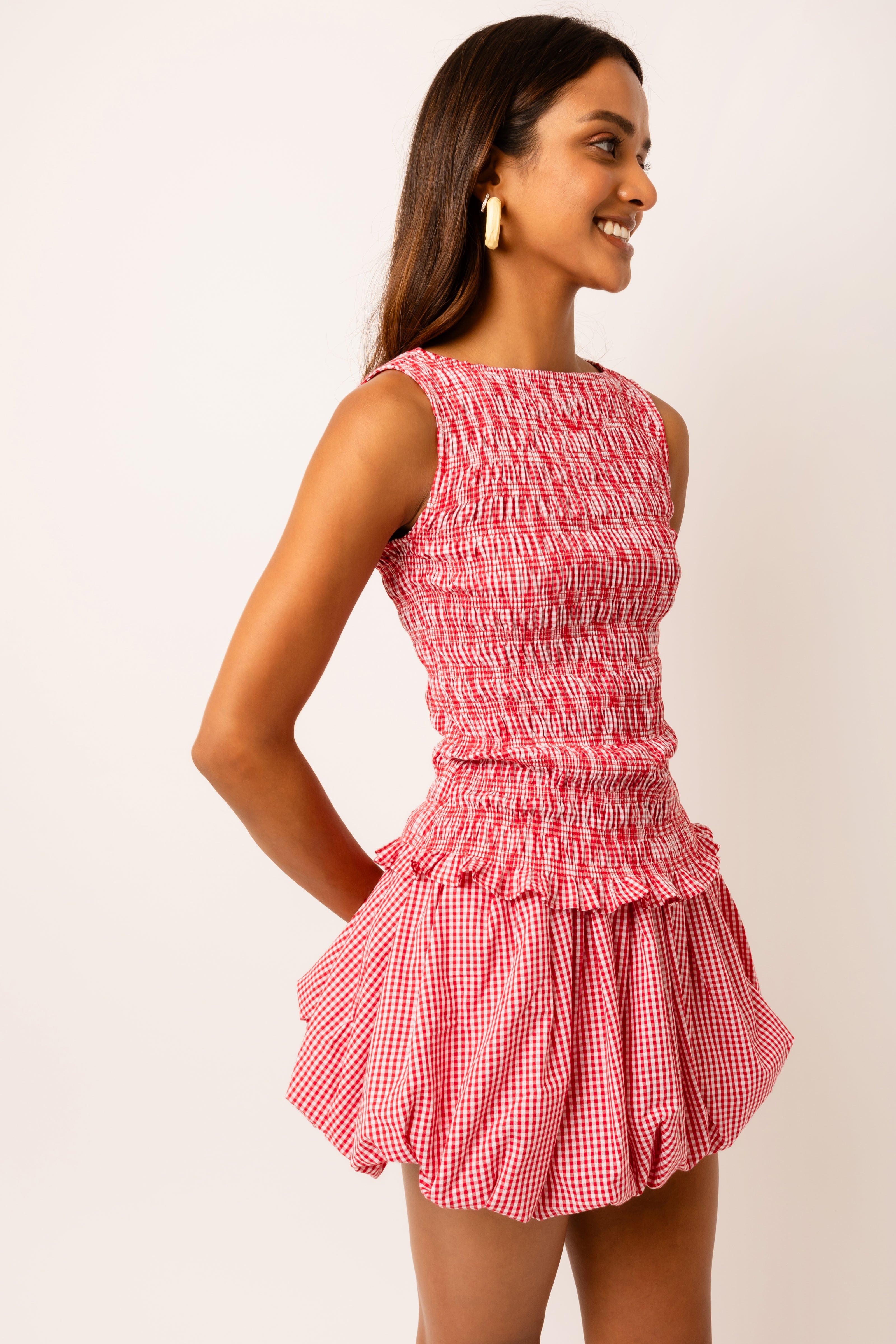 Sonya Red Shirred Gingham Top | AMYLYNN