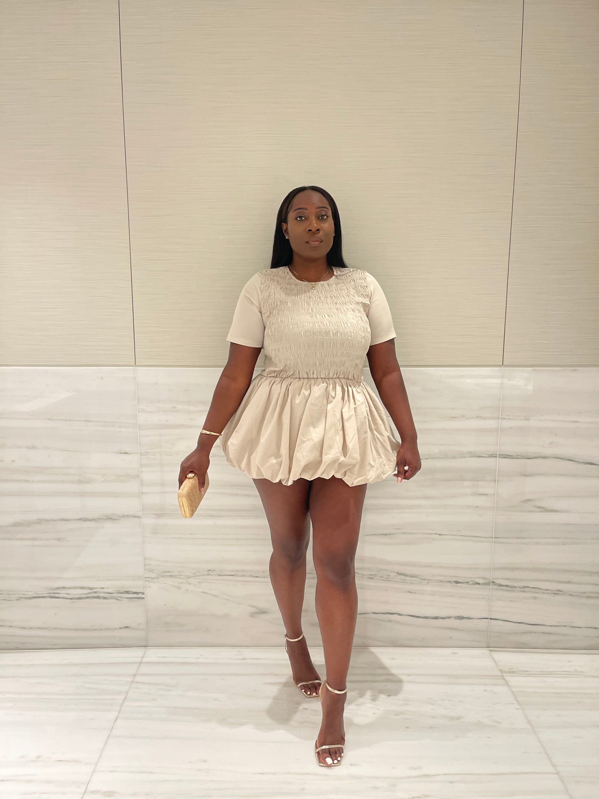 Eleanor Milk Cream Puffball Mini Dress with Sleeves | AmyLynn