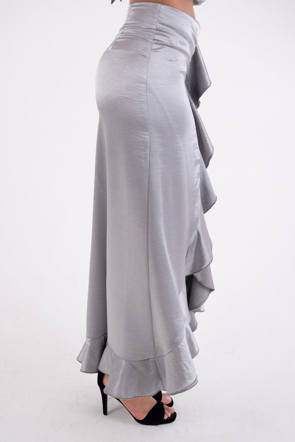 Susie Silver Satin Ruffle Two-Piece Set – Top & High-Low Maxi Skirt ...